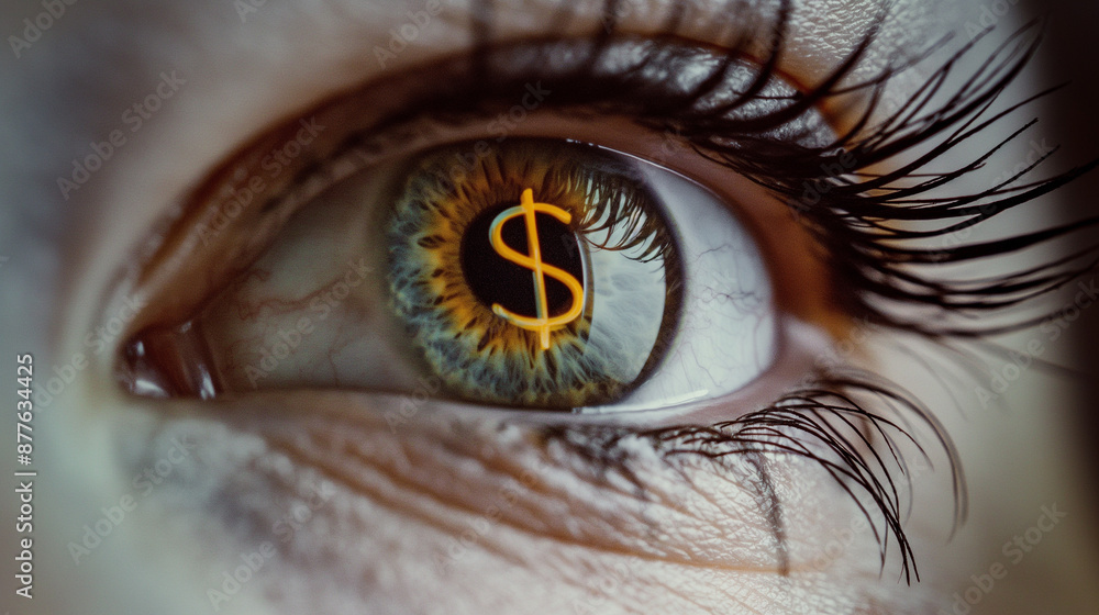 Close-up of a human eye with a detailed, reflective dollar sign Stock ...