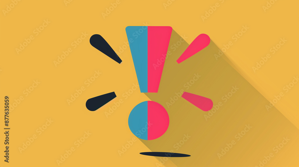 A bold exclamation mark with pink and blue halves, set against a bright ...