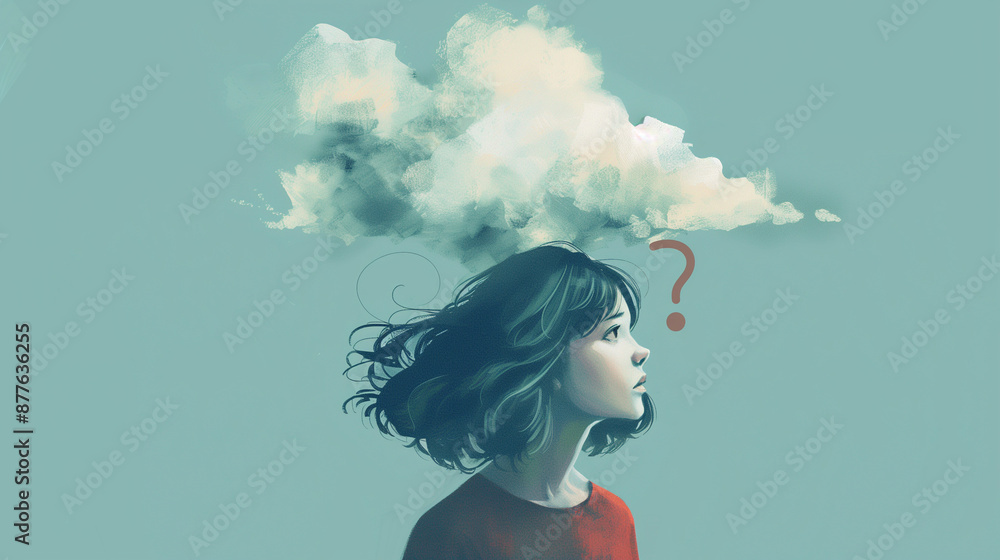 Thought-provoking illustration of a girl with a cloud over her head and ...