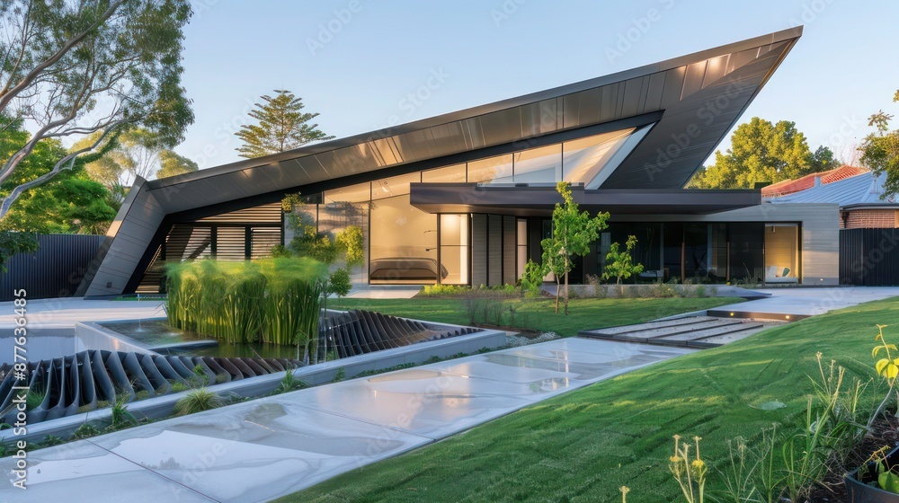 contemporary suburban home with a unique, angular roof design that ...