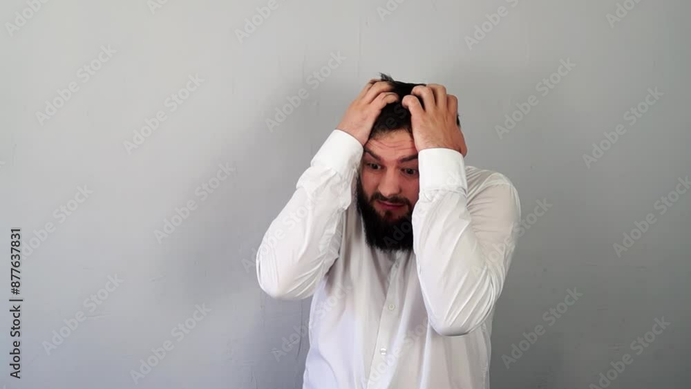 Surprised man in shock grabbing, clutching his head, holding head with ...