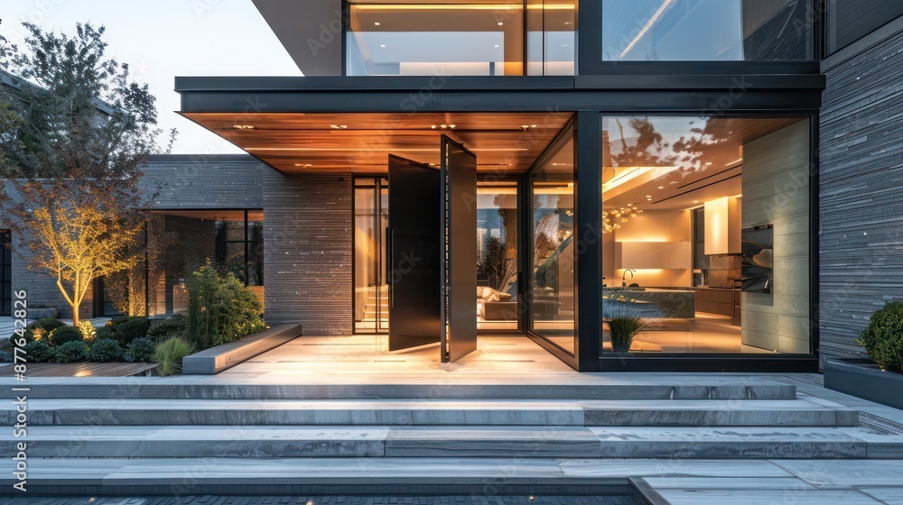 contemporary suburban home with a large, pivoting front door that ...