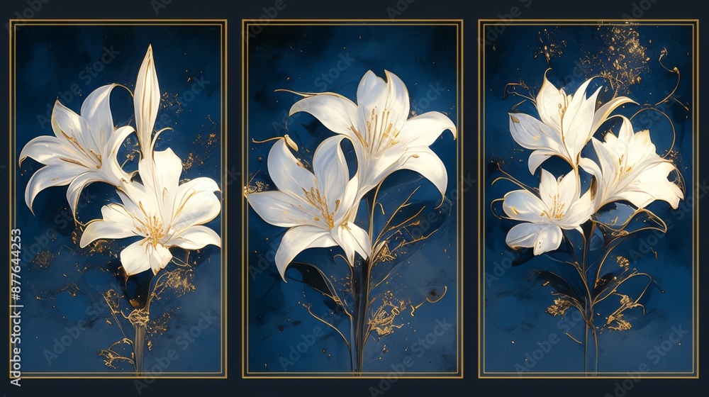 Modern Art Set: Three White Lilies with Gold Outlines on Dark Blue ...
