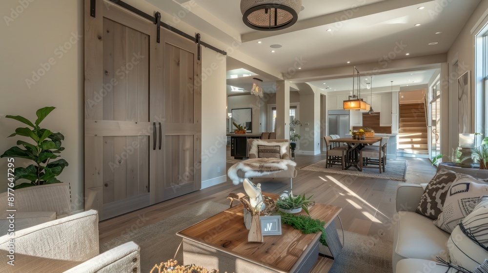 contemporary suburban house with a large, sliding barn door that ...