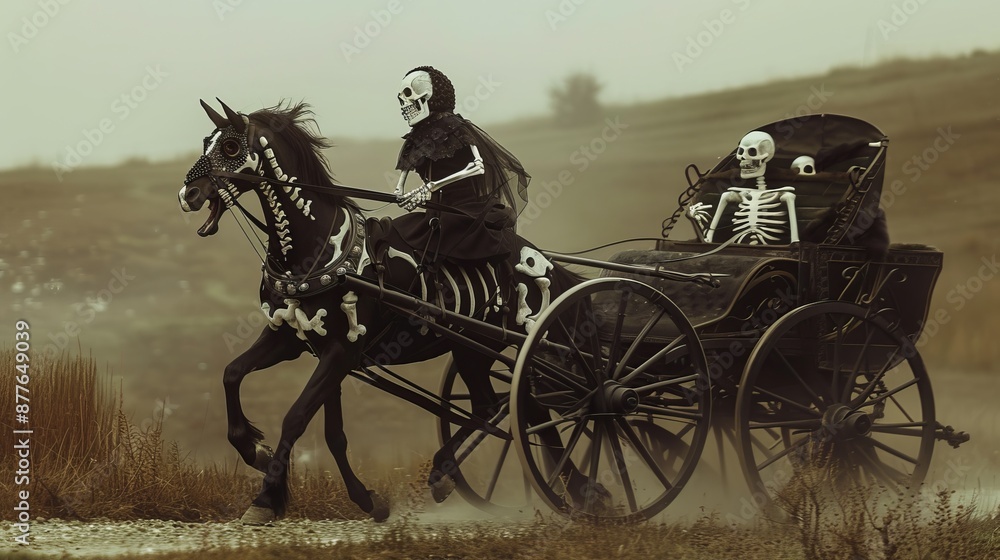 An image showing skeletons riding a horse-drawn carriage through a ...