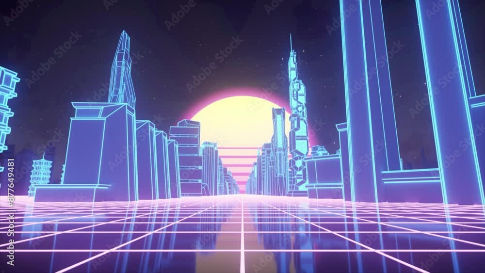 Retro futuristic 80s style with neon city backgrounds. Seamless loop of ...