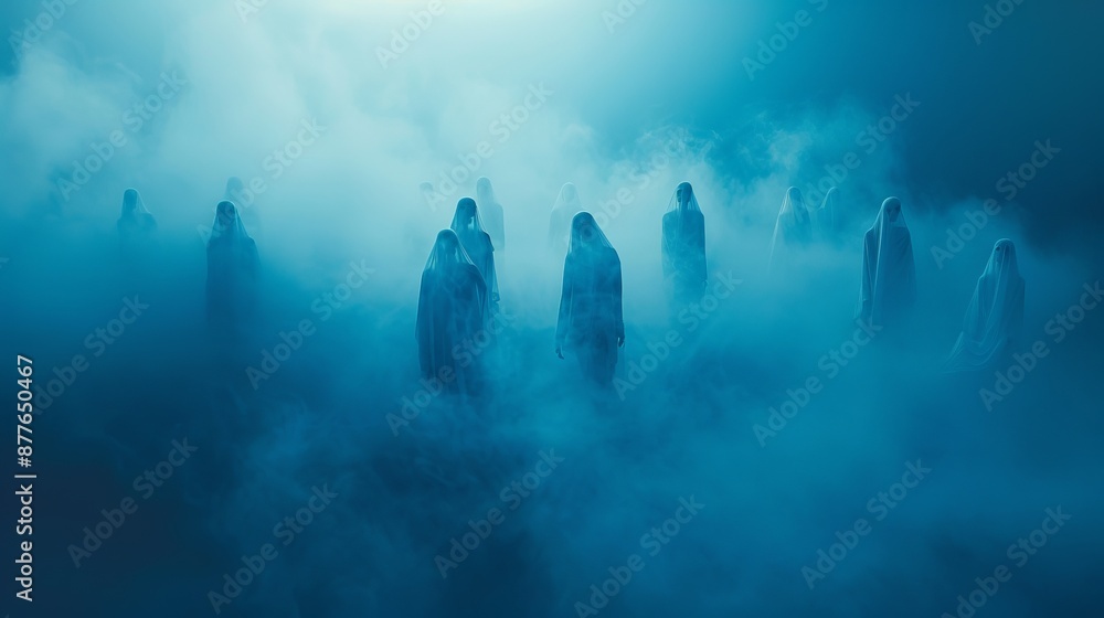 Multiple ghostly figures standing in dense, swirling fog under the moon ...
