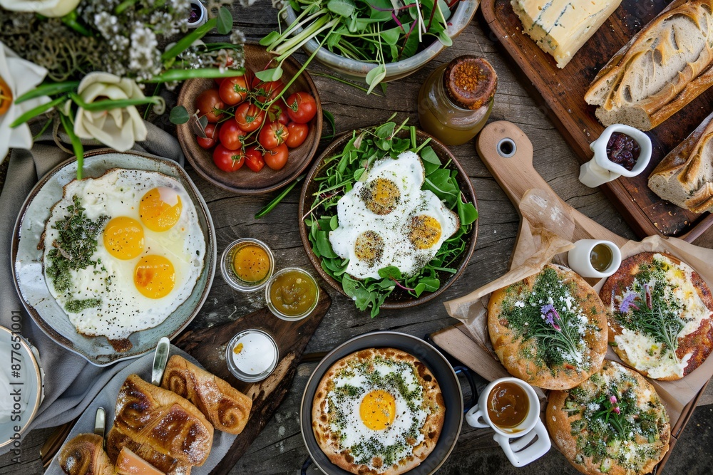 Brunch spread with a variet of dishes pastries. Village Breakfast with ...