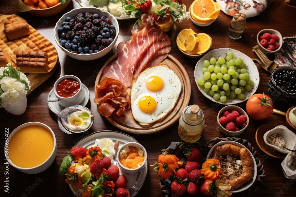 Brunch spread with a variet of dishes pastries. Village Breakfast with ...