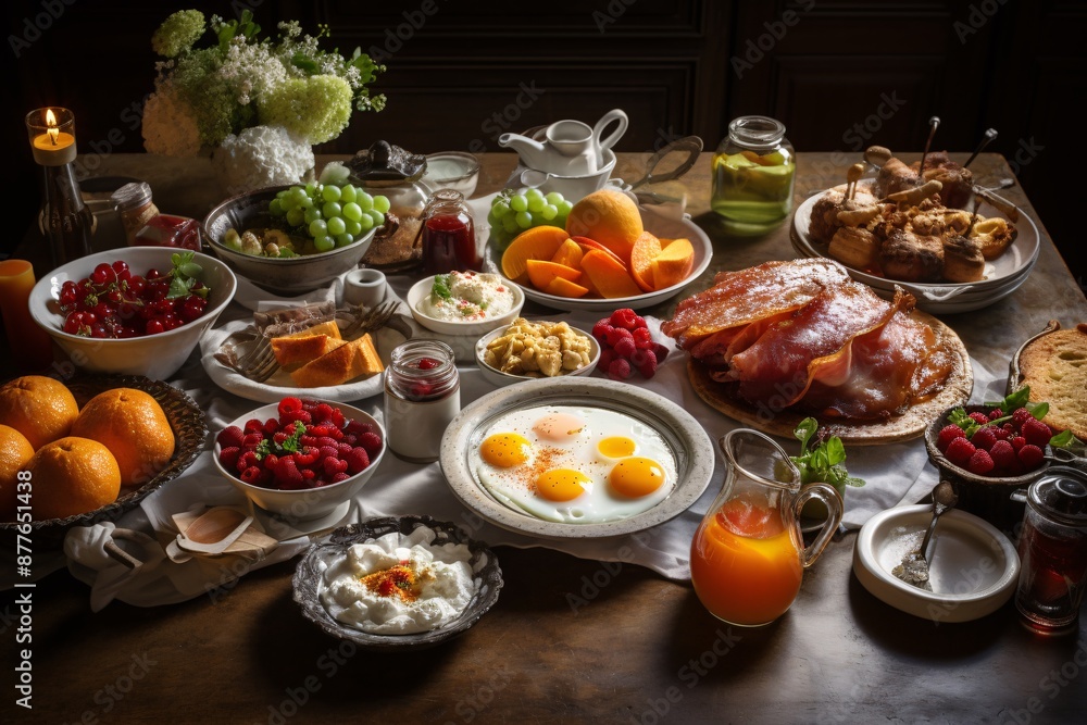 Brunch spread with a variet of dishes pastries. Village Breakfast with ...