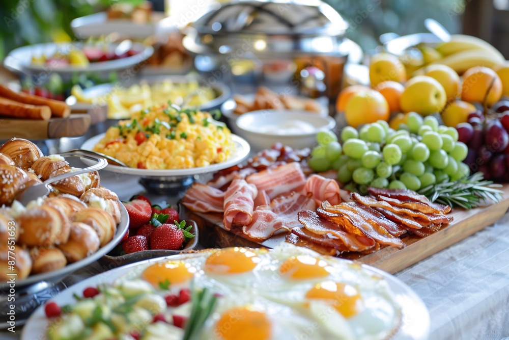 Brunch spread with a variet of dishes pastries. Village Breakfast with ...