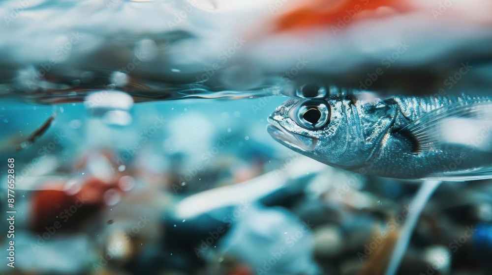 A silver fish swims in an underwater environment cluttered with marine ...