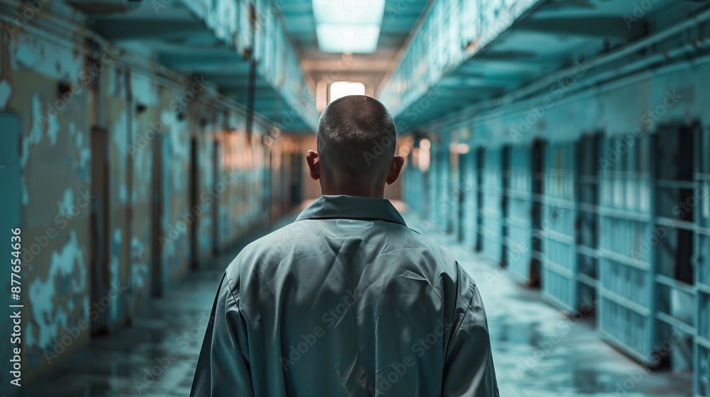 A bald inmate stands in a worn and aging prison corridor with peeling ...