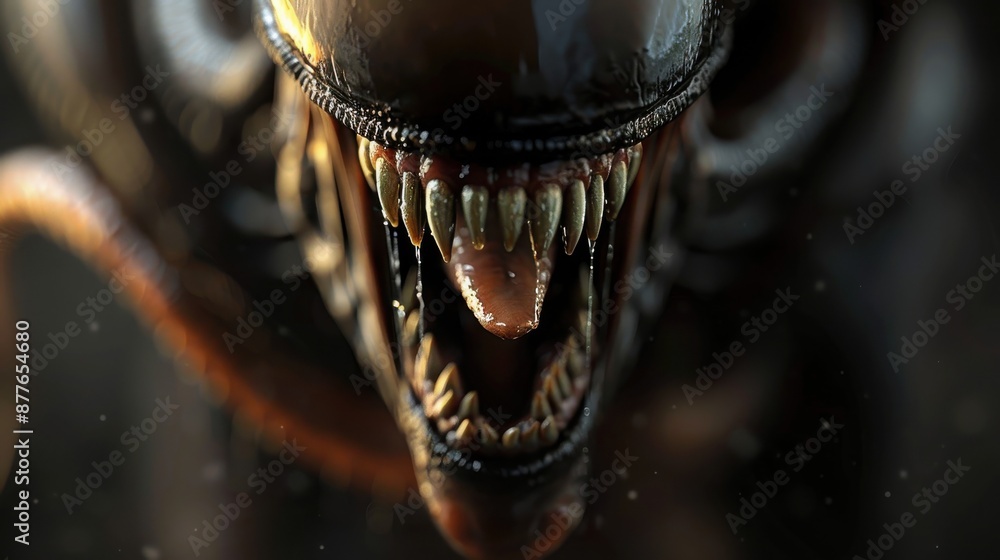 A close-up frontal view of an alien-like creature showing its sharp ...