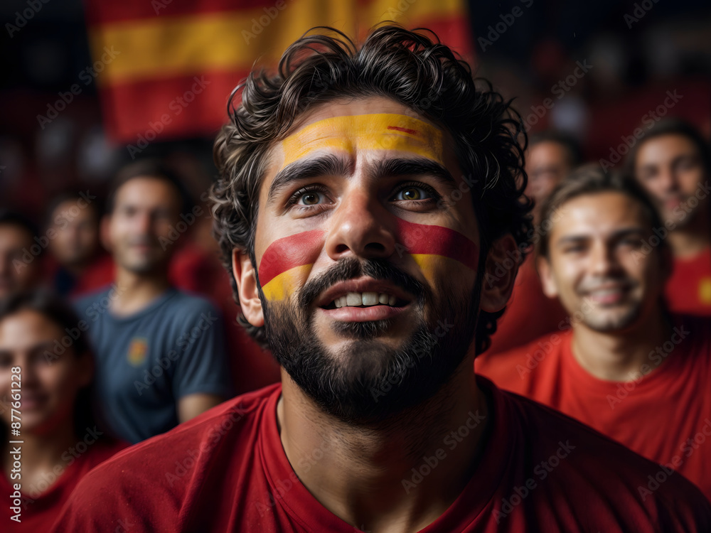 Happy football fan cheers for Spain national team. Spanish soccer ...