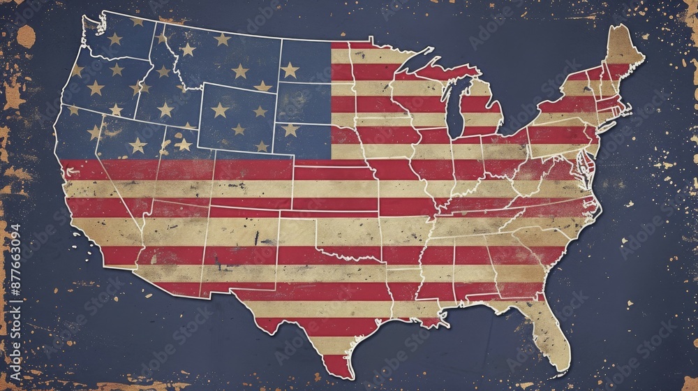 Stylized map of the United States featuring a vintage American flag ...