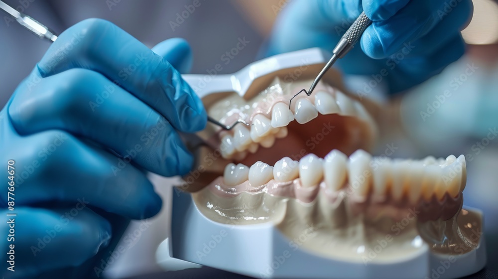 Dentist Demonstrating Dental Procedure Model. Close-up of a dentist's ...