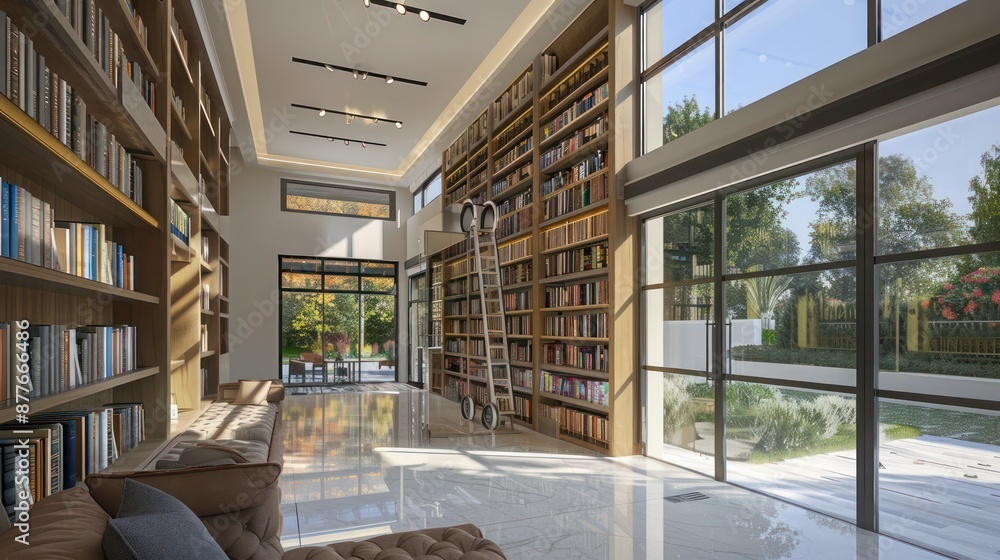 Interior of a suburban contemporary home library with a double-height ...