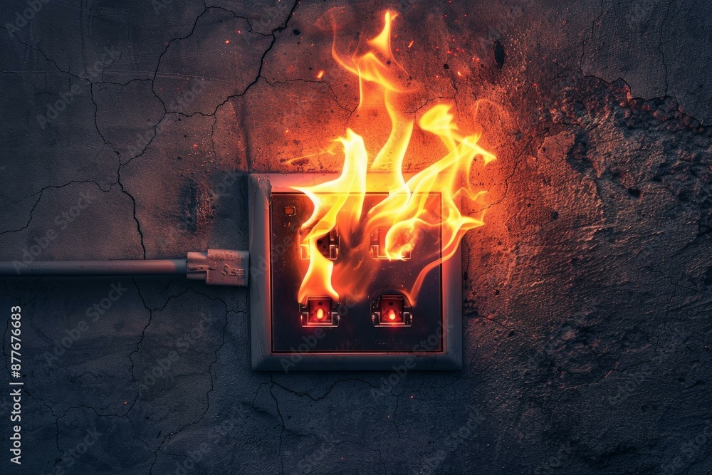 Electrical overload causing a fire hazard with flames coming out of an ...