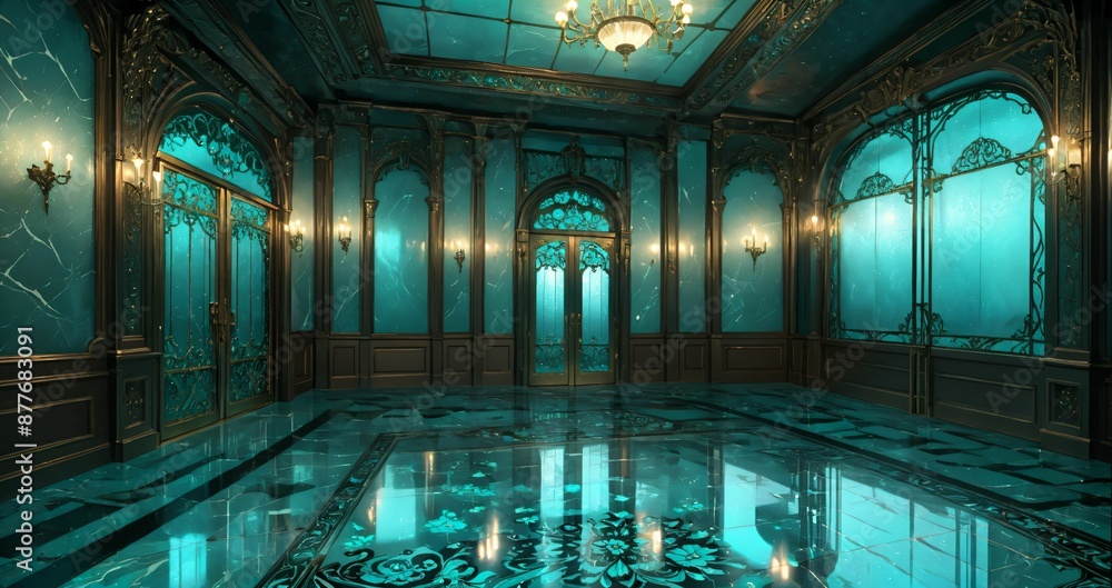 blue green lobby room interior of mansion palace hotel building. door ...