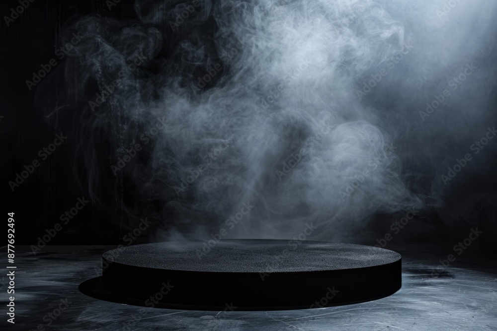 Dark smoke podium on abstract stage dramatic empty room with concrete ...