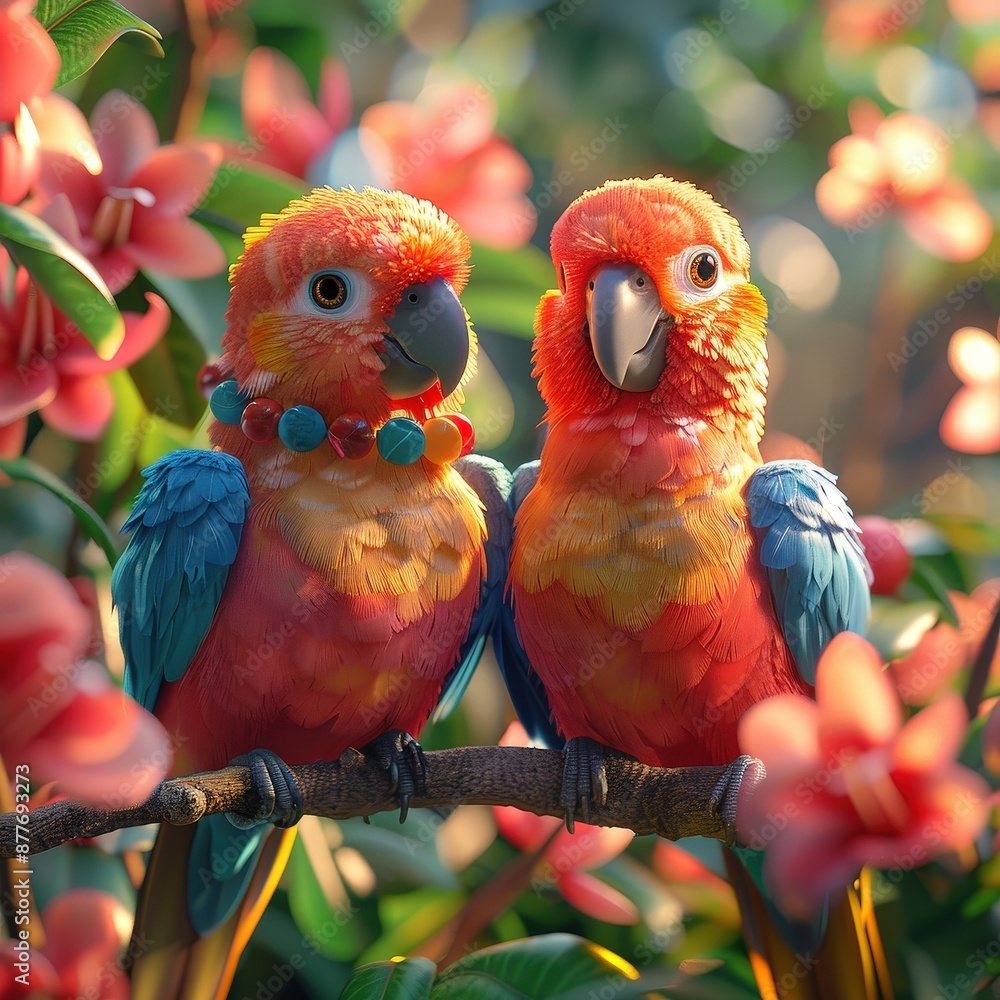 Cute 3D Blender parrots with colorful collars, interacting playfully on ...