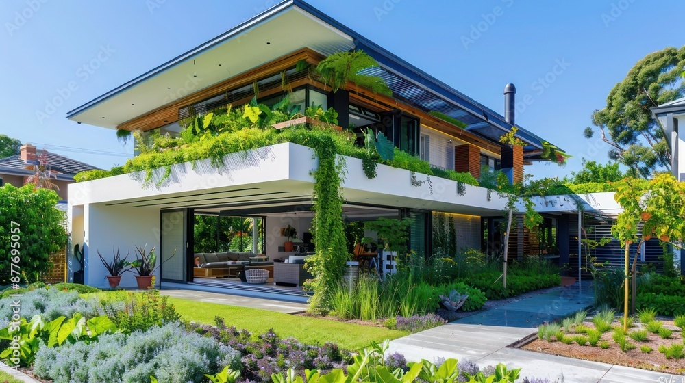 Contemporary suburban home with an advanced eco-friendly rainwater ...