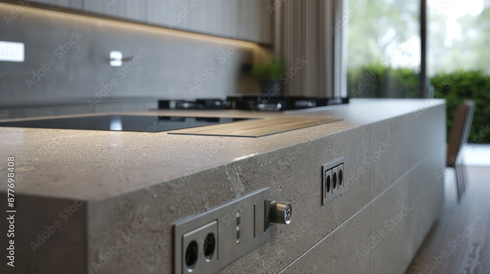 Contemporary suburban kitchen with a monolithic island unit and pop-up ...