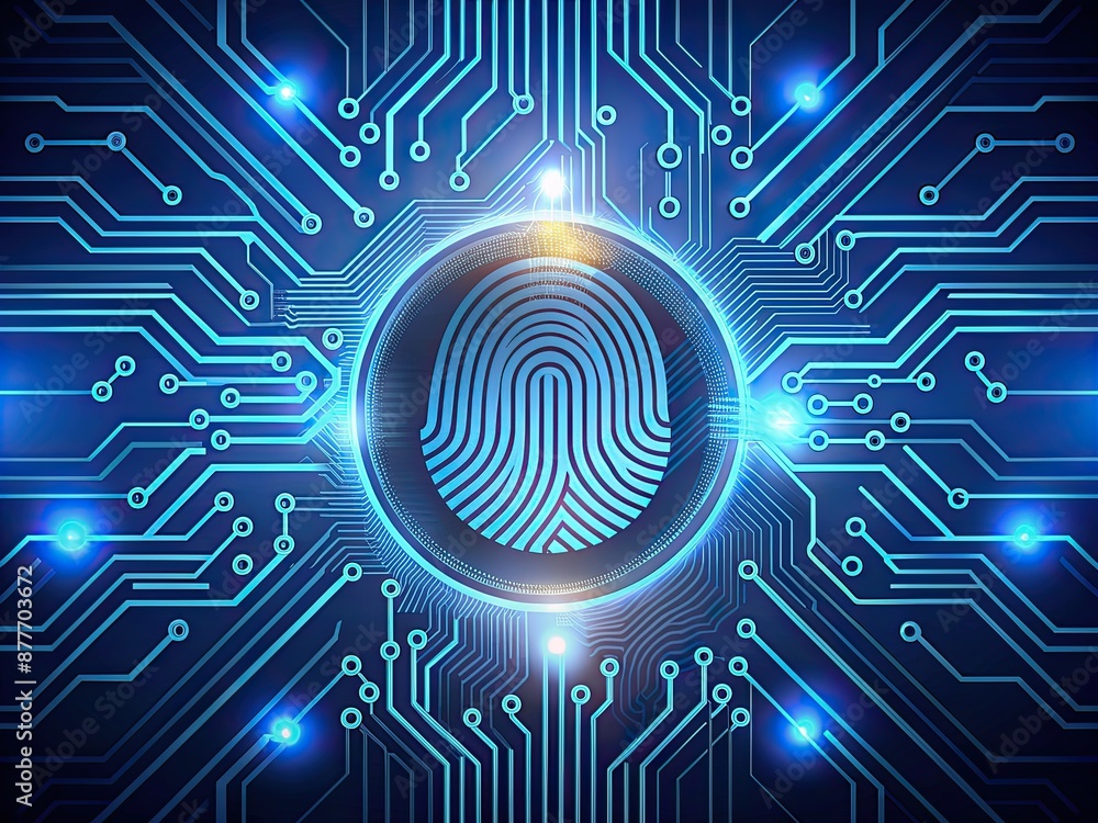 Futuristic wide banner displaying a fingerprint scanning device with a ...
