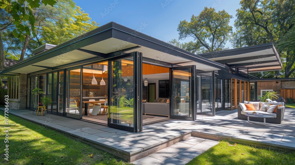 Mid-century modern suburban home with a sunroom that features ...