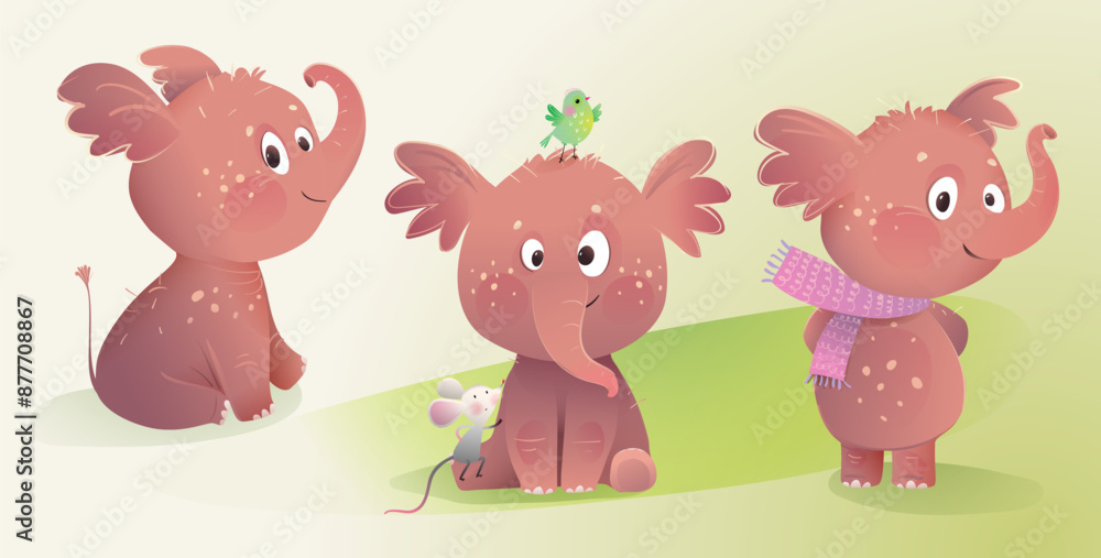Cute baby elephant and his friends mouse and bird. Elephant character ...