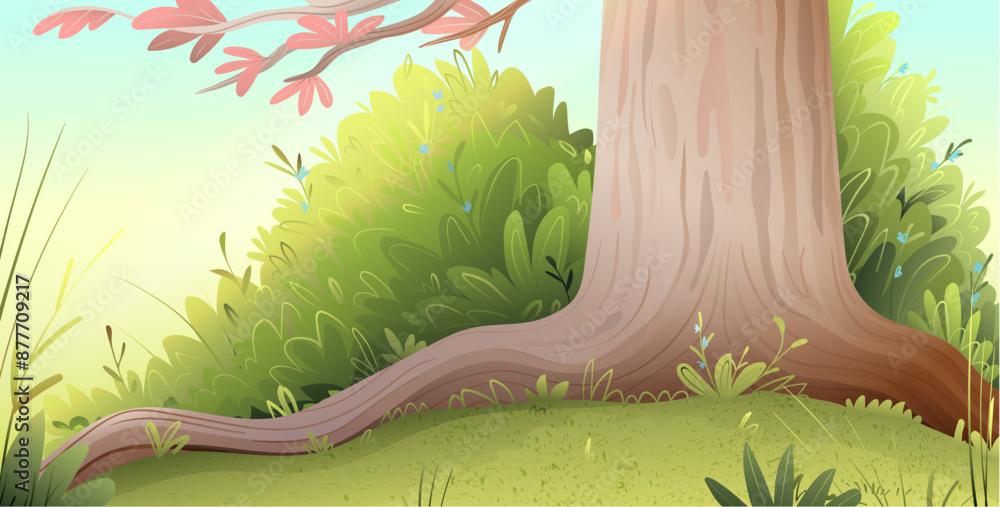 Big oak tree in the forest on grass lawn landscape. Cartoon summer in ...