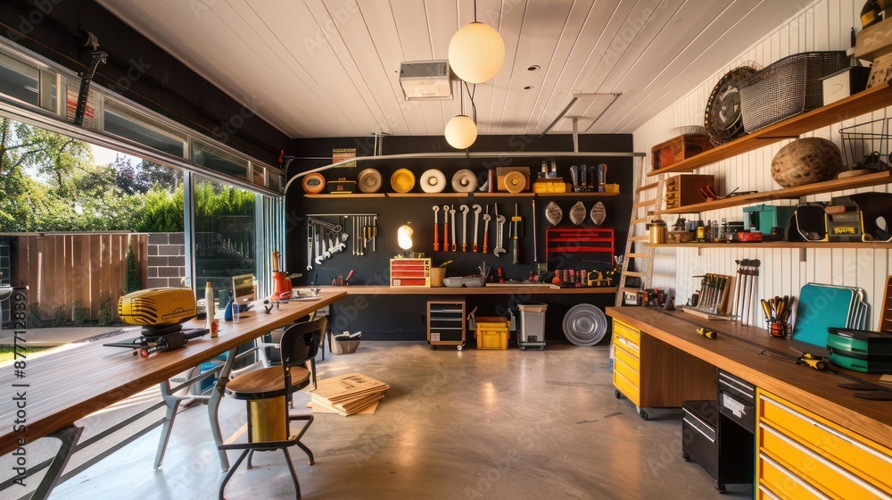 Mid-century modern suburban garage converted into a stylish workshop ...