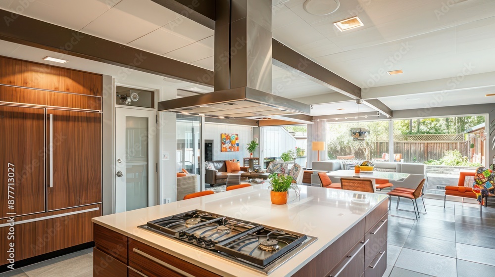 Mid-century modern suburban kitchen with a ceiling-mounted retractable ...