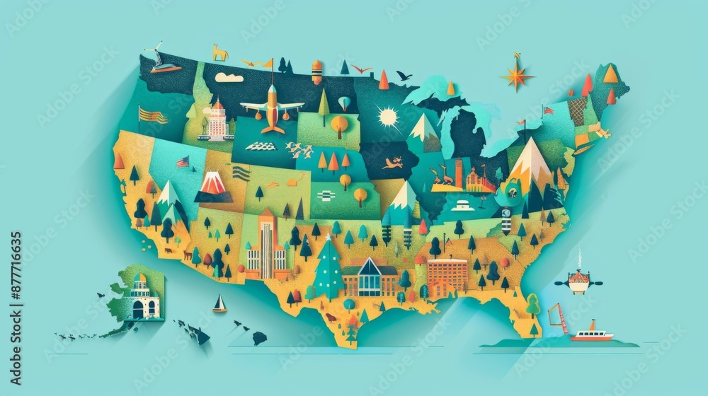 This colorful illustrated map of the United States showcases various ...