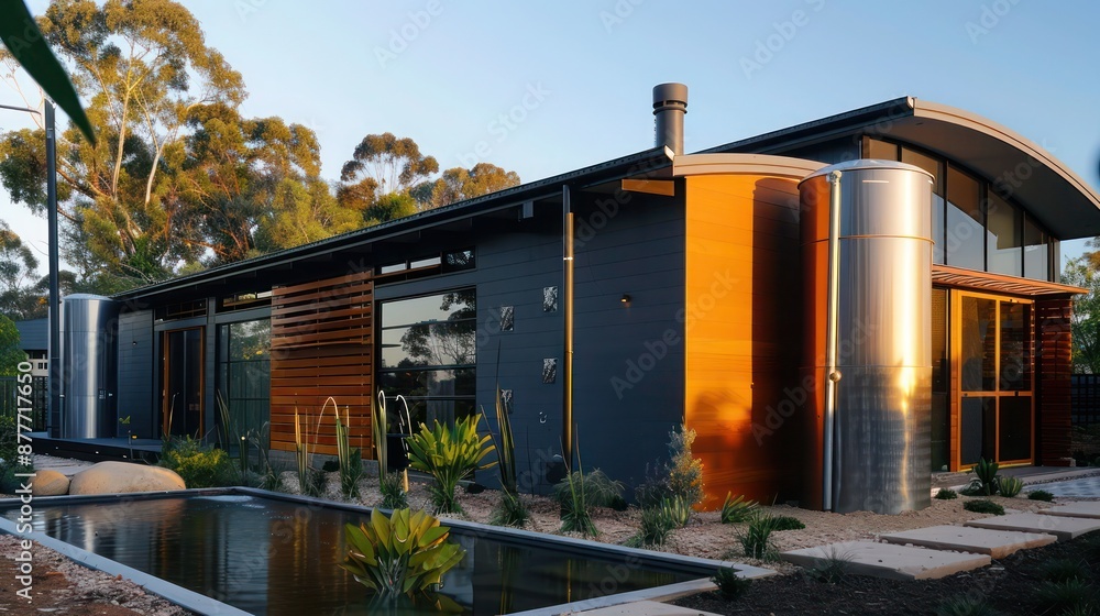 Suburban contemporary home with a smart rainwater harvesting system and ...