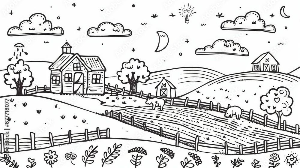A beautiful countryside farm scene featuring a barn, fields, trees ...