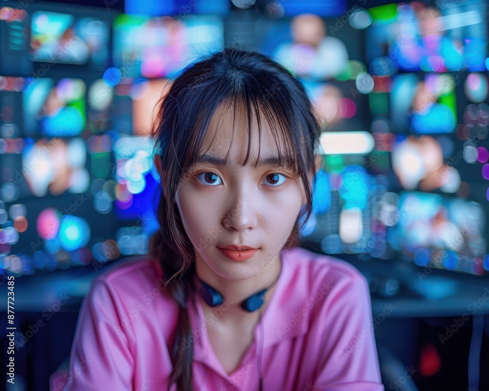 Live Streaming Host Engaging Viewers On Screen With Multiple Video Feeds, Interactive Broadcast ...