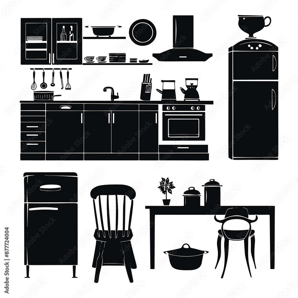 Isolated vector kitchen themed silhouettes with cabinets, stove, oven ...