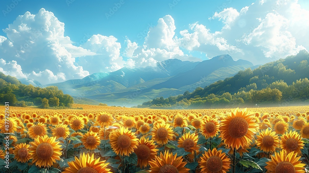 Sunflower fields in full bloom create a cheerful and bright landscape ...