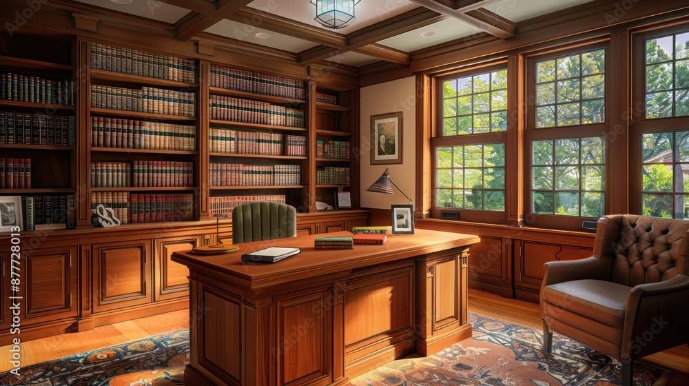 Craftsman-style study with a large wooden desk, a bookcase filled with ...