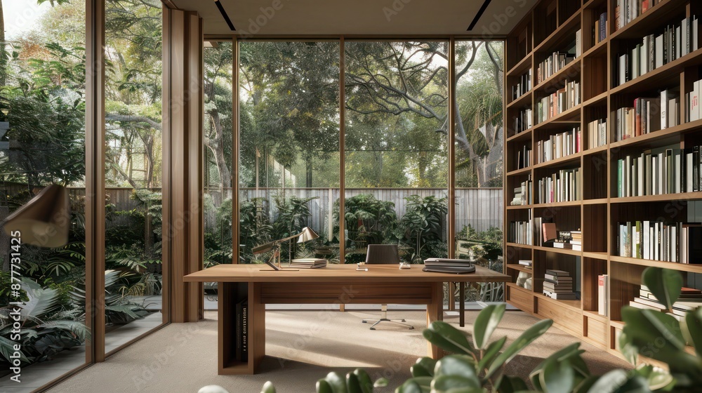 modern Craftsman-style home office with a minimalist wooden desk ...