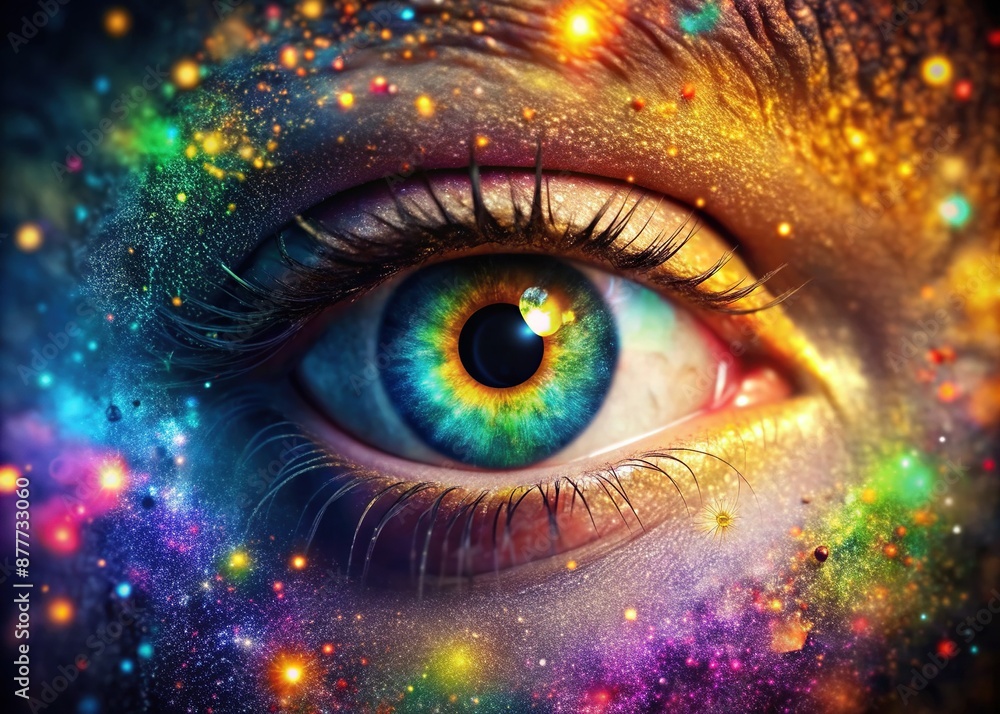 Vibrant human eye surrounded by kaleidoscopic dust particles exploding ...