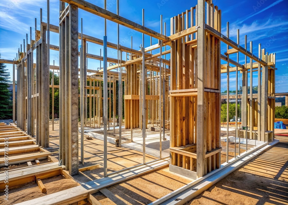 Vertical steel beams and wooden boards form a skeleton structure ...
