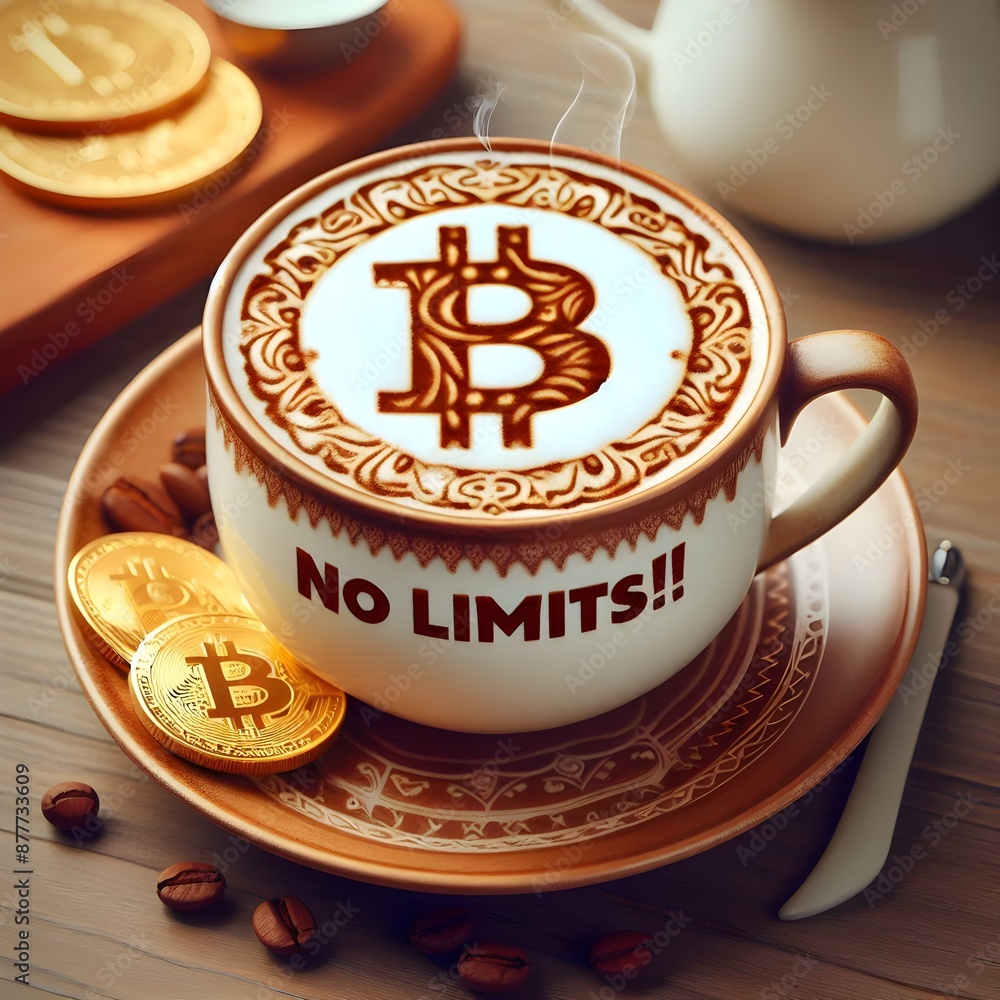 Coffee time: Coffee cup with milk, Bitcoin symbol, coin, a motivational ...