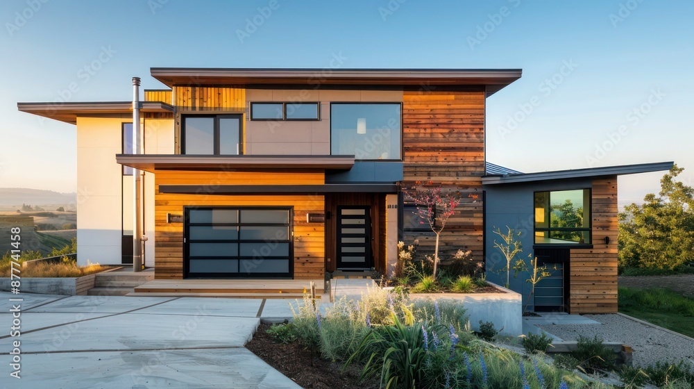 Contemporary suburban home with a sustainable design that features ...