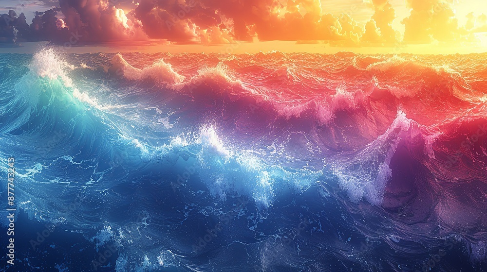Rainbow ocean waves create a magical and colorful scene with a spectrum ...