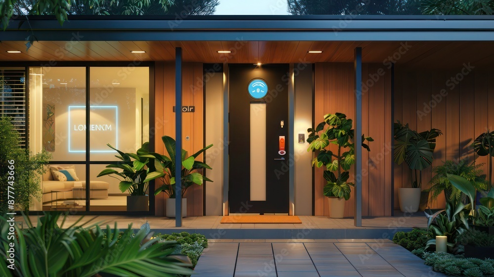 Mid-century modern suburban entryway with a smart door system that ...