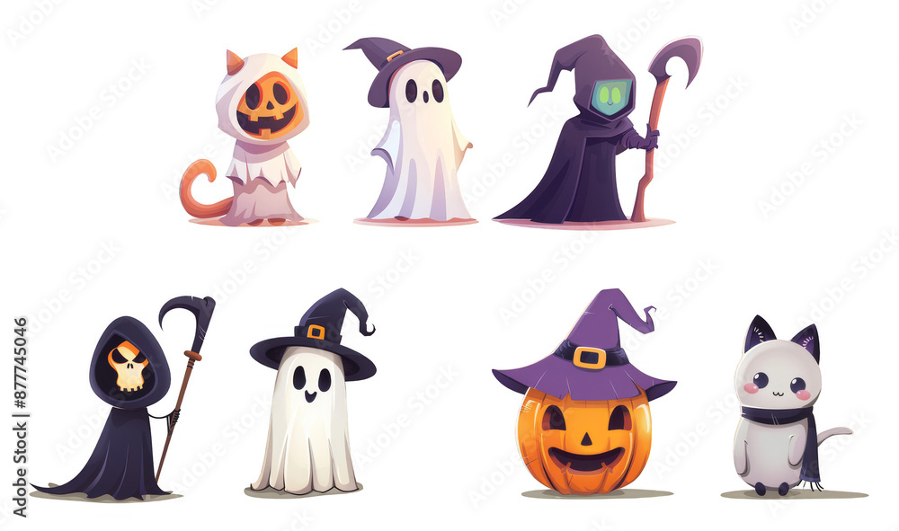 Cute Halloween characters set isolated on transparent background, png ...