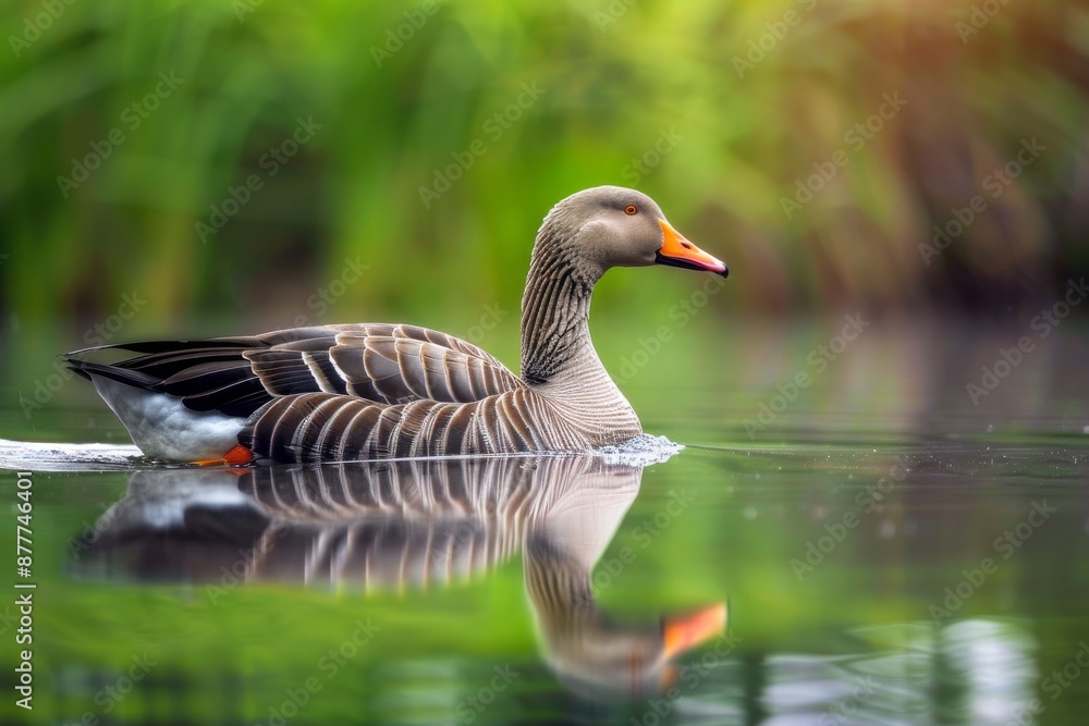 Full body view of Taiga Bean Goose swimming in lake natural habitat ...